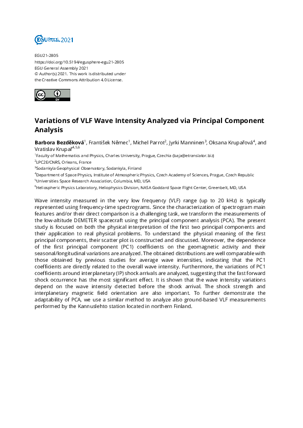 Pdf Variations Of Vlf Wave Intensity Analyzed Via Principal Component Analysis