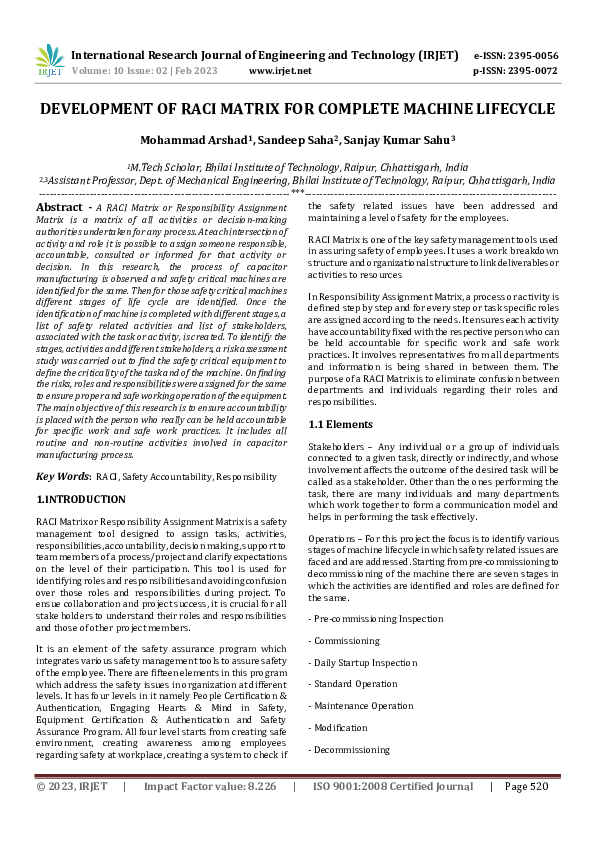 (PDF) DEVELOPMENT OF RACI MATRIX FOR COMPLETE MACHINE LIFECYCLE