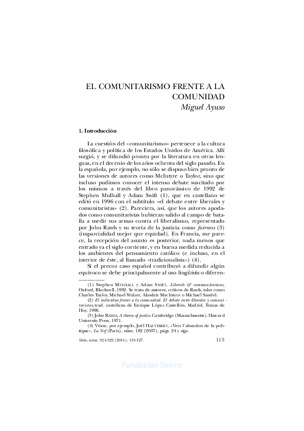 (PDF) El comunitarismo frente a la comunidad