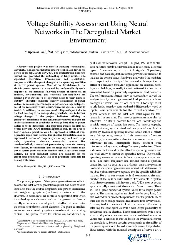 (PDF) Voltage Stability Assessment Using Neural Networks in The Deregulated Market Environment