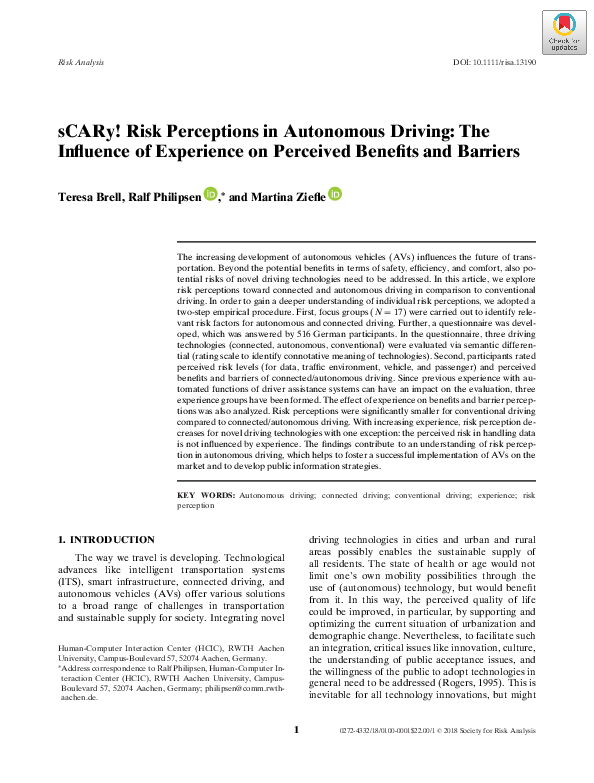 (PDF) sCARy! Risk Perceptions in Autonomous Driving: The Influence of ...