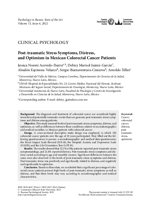 (PDF) Post-traumatic Stress Symptoms, Distress, and Optimism in Mexican ...