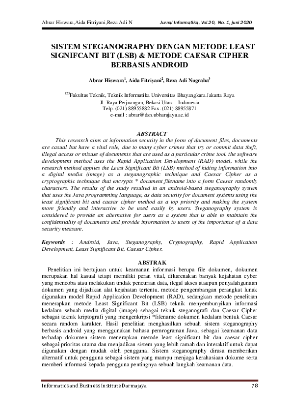 Pdf Sistem Steganography Dengan Metode Least Signifcant Bit Lsb