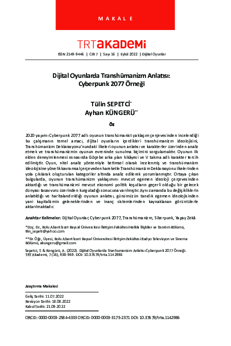 (PDF) Transhumanism Narrative İn Digital Games: The Case of Cyberpunk 2077