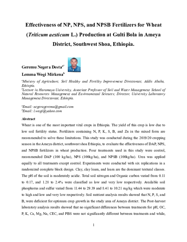 (DOC) Effectiveness of NP, NPS, and NPSB Fertilizers for Wheat ...