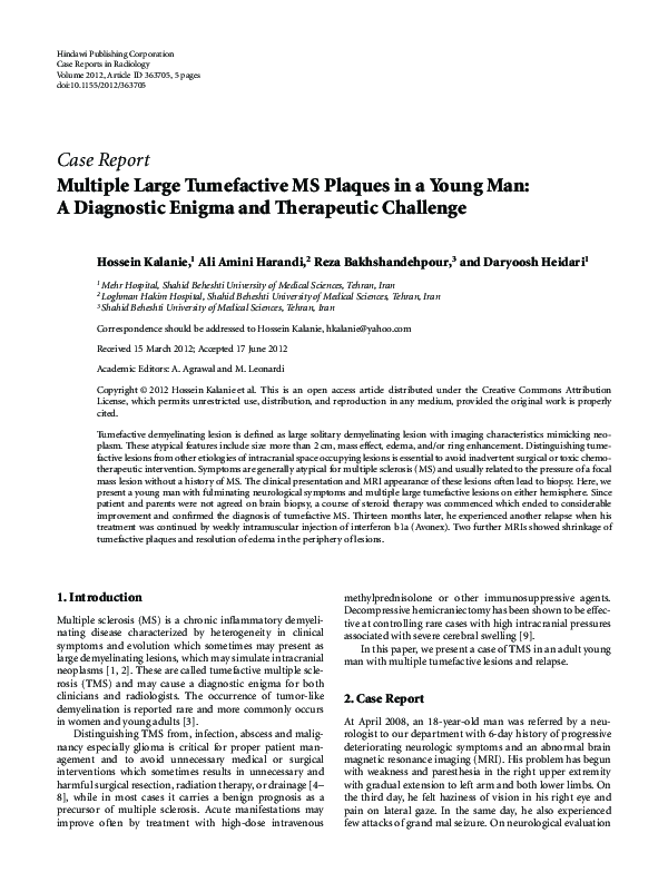 (PDF) Multiple Large Tumefactive MS Plaques in a Young Man: A ...
