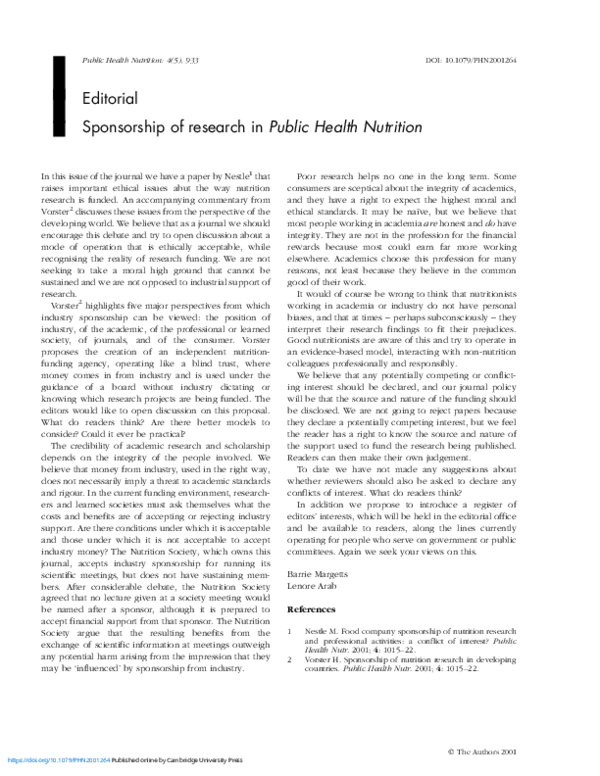 (PDF) Sponsorship of research in Public Health Nutrition