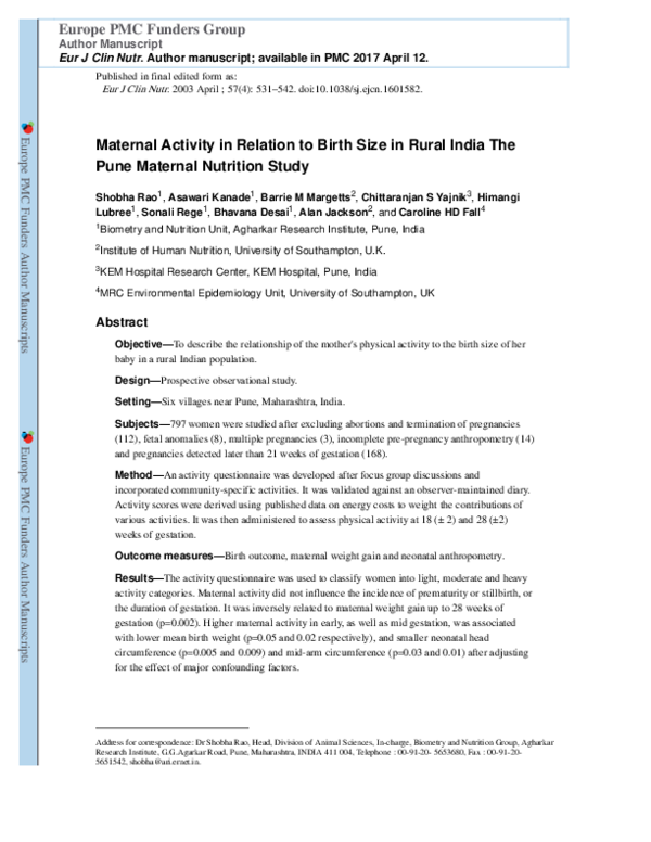 (PDF) Maternal activity in relation to birth size in rural India. The ...