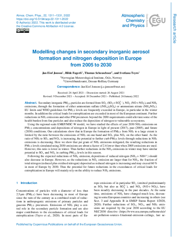 (PDF) Modelling changes in secondary inorganic aerosol formation and ...