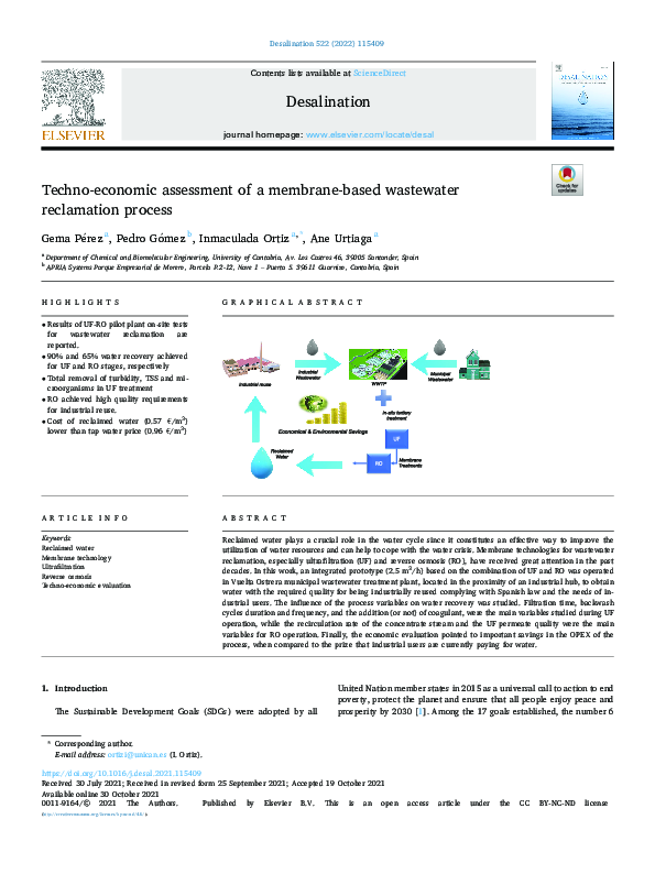 (PDF) Techno-economic assessment of a membrane-based wastewater reclamation process