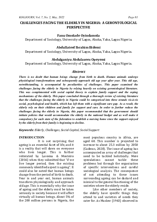 (PDF) CHALLENGES FACING THE ELDERLY IN NIGERIA: A GERONTOLOGICAL PERSPECTIVE