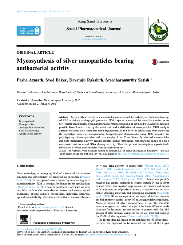 (PDF) Mycosynthesis of silver nanoparticles bearing antibacterial activity | Syed Baker ...