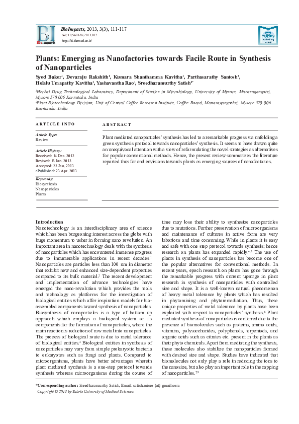 (PDF) Plants: Emerging as Nanofactories towards Facile Route in ...