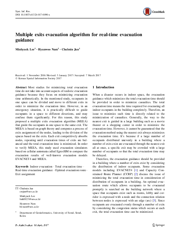 (PDF) Multiple exits evacuation algorithm for real-time evacuation guidance | Chulmin Jun ...