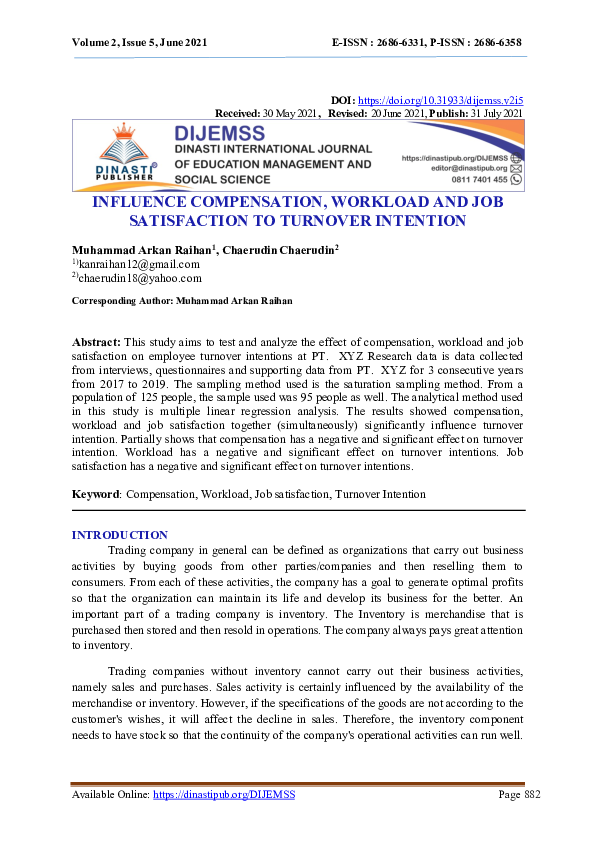 (PDF) Influence Compensation, Workload and Job Satisfaction to Turnover Intention