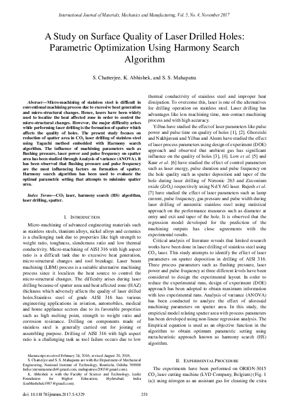 (PDF) A Study on Surface Quality of Laser Drilled Holes: Parametric Optimization Using Harmony ...