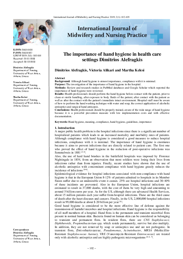 (PDF) The importance of hand hygiene in health care settings