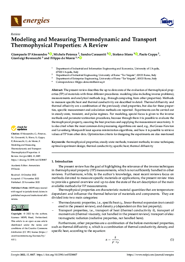 (PDF) Modeling and Measuring Thermodynamic and Transport Thermophysical Properties: A Review
