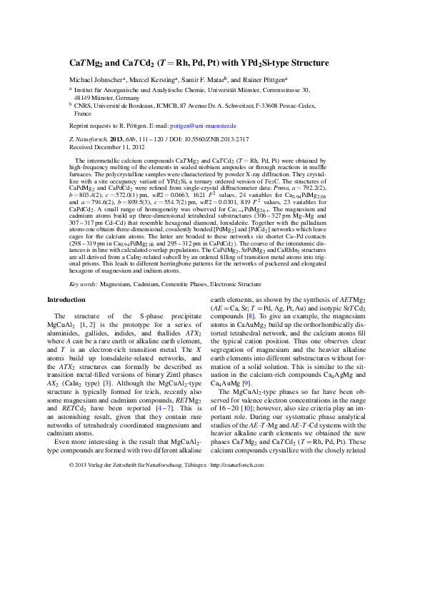 Pdf Ca T Mg 2 And Ca T Cd 2 T Rh Pd Pt With Ypd 2 Si Type Structure