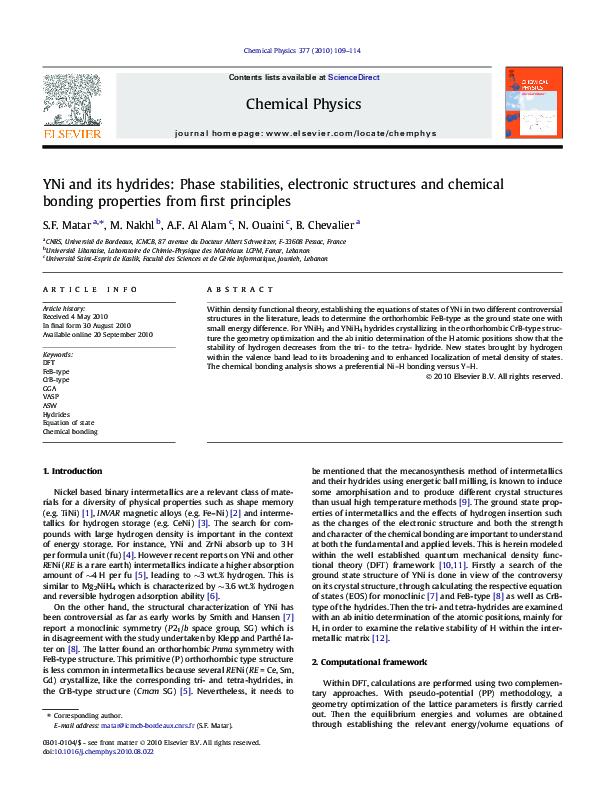 (PDF) YNi and its hydrides: Phase stabilities, electronic structures and chemical bonding ...