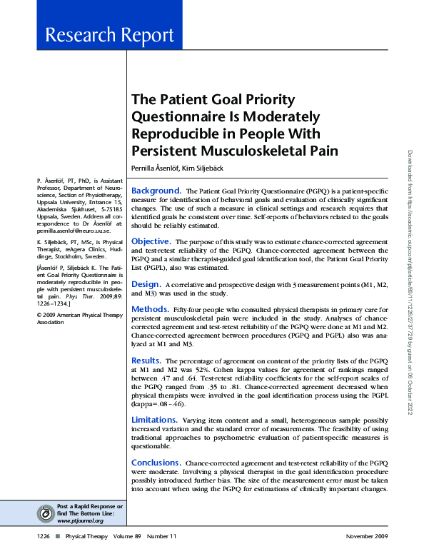 (PDF) The Patient Goal Priority Questionnaire Is Moderately ...