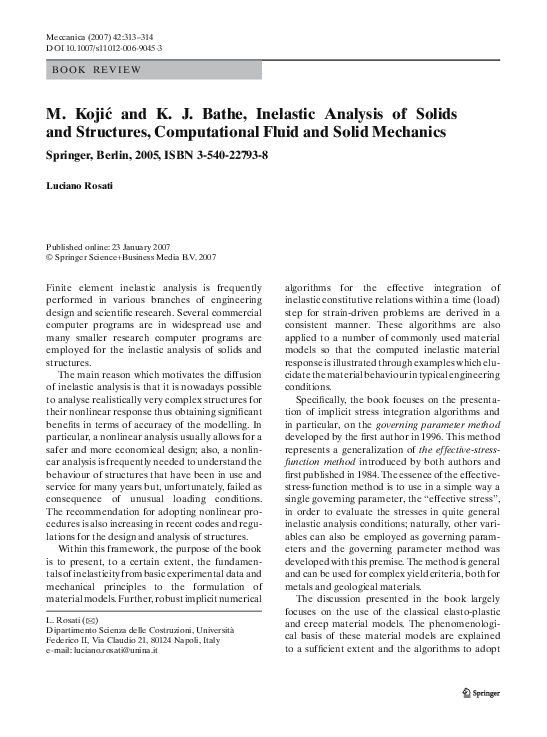 (PDF) M. Kojić and K. J. Bathe, Inelastic Analysis of Solids and ...