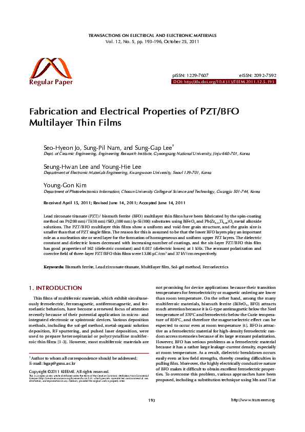 (PDF) Fabrication and Electrical Properties of PZT/BFO Multilayer Thin ...