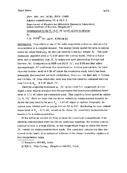 (PDF) Investigation of the Ec-0.11 eV level of iron in silicon