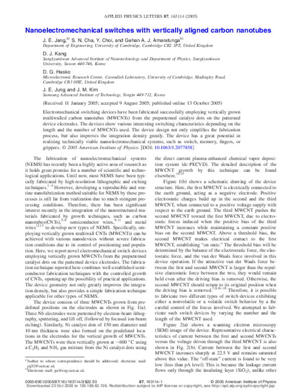 (PDF) Nanoelectromechanical switches with vertically aligned carbon nanotubes