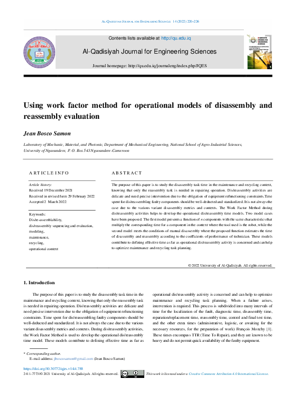 (PDF) Using work factor method for operational models of disassembly and reassembly evaluation