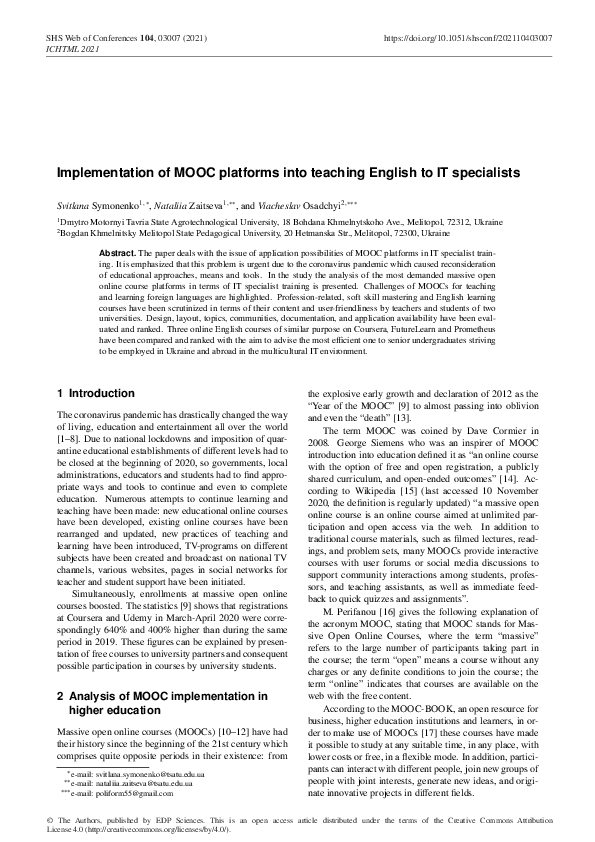 (PDF) Implementation of MOOC platforms into teaching English to IT specialists