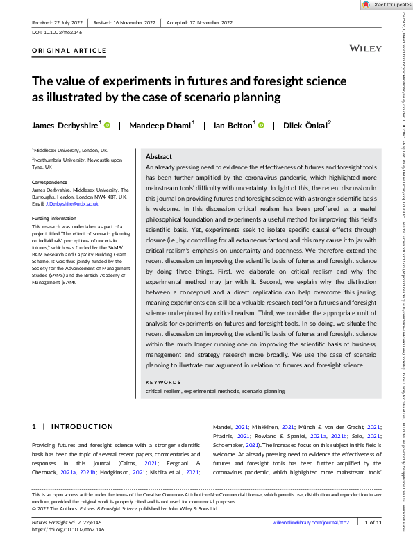 (PDF) The value of experiments in futures and foresight science as ...