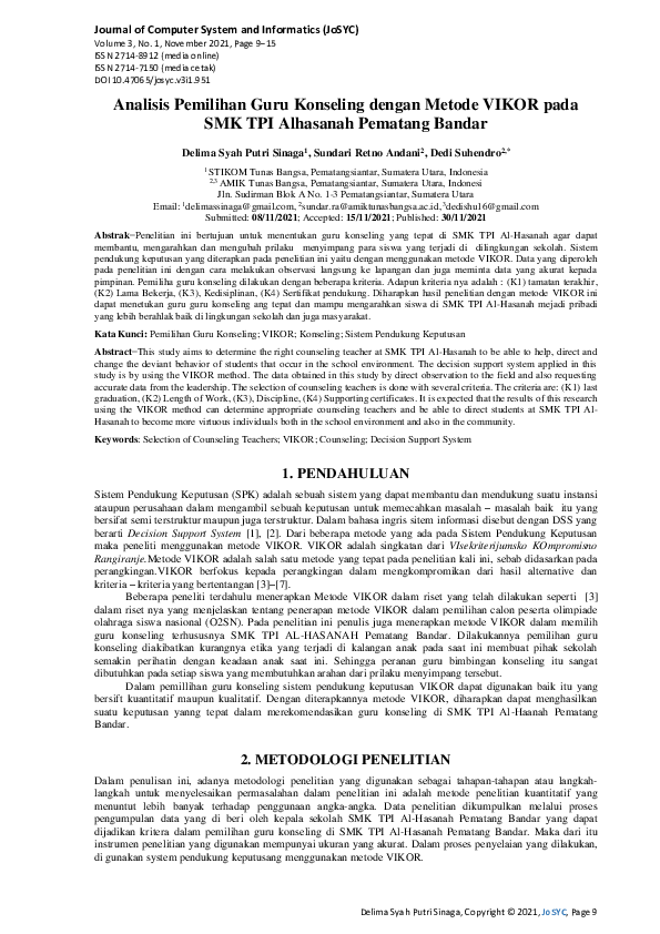 (PDF) Analisis Pemilihan Guru Konseling dengan Metode VIKOR pada SMK TPI Alhasanah Pematang Bandar