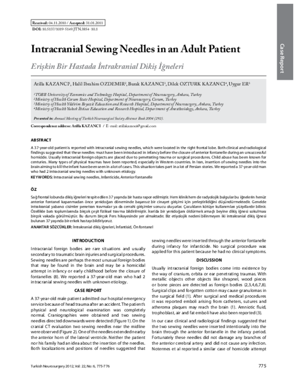 (PDF) Intracranial sewing needles in an adult patient