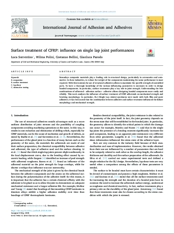 Pdf Surface Treatment Of Cfrp Influence On Single Lap Joint Performances