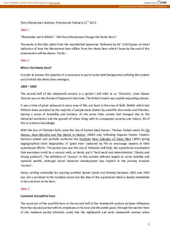 (PDF) Remember We're British : Did Percy Westerman Change the Henty Hero?