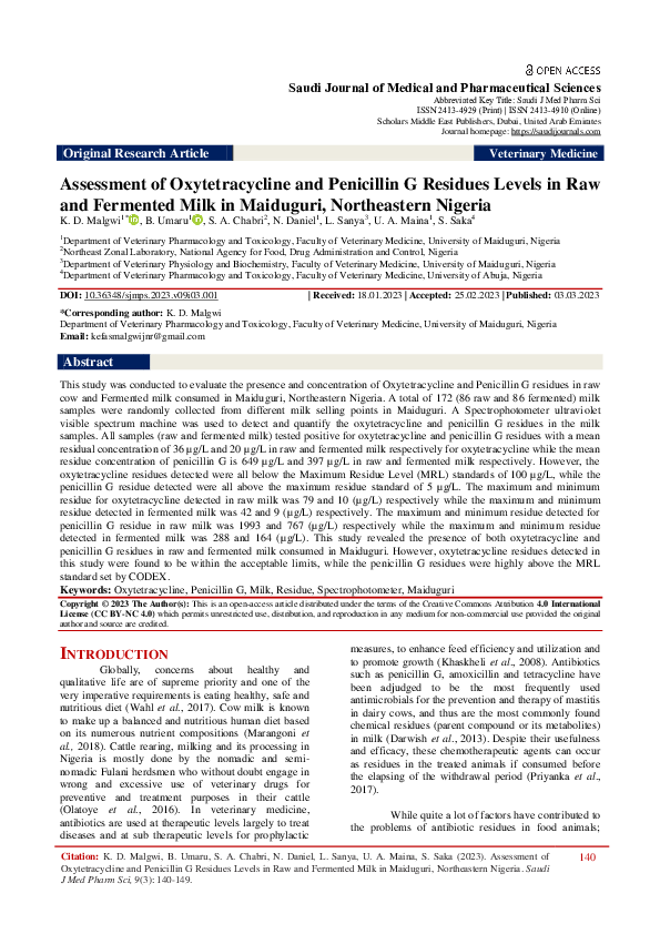 (PDF) Assessment of Oxytetracycline and Penicillin G Residues Levels in ...