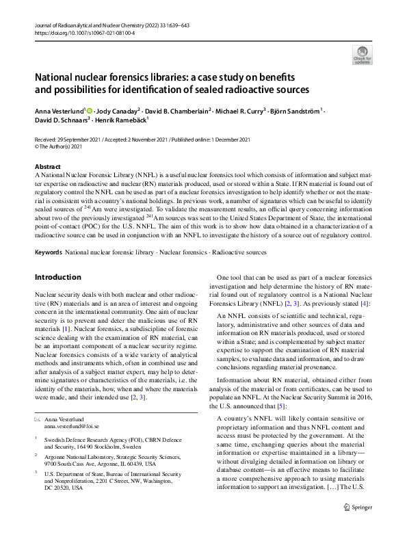 (PDF) National nuclear forensics libraries: a case study on benefits and possibilities for ...