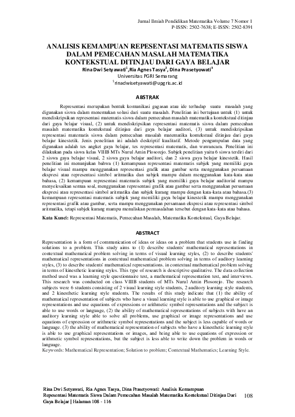Pdf Analisis Kemampuan Repesentasi Matematis Siswa Dalam Pemecahan Masalah Matematika 