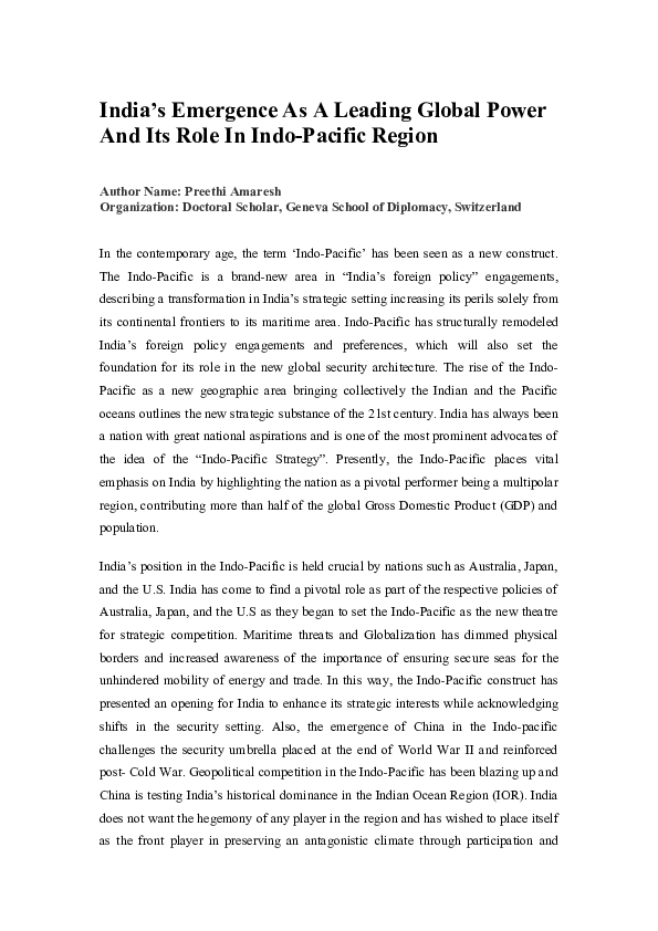 (DOC) India's Emergence As A Leading Global Power And Its Role In Indo ...