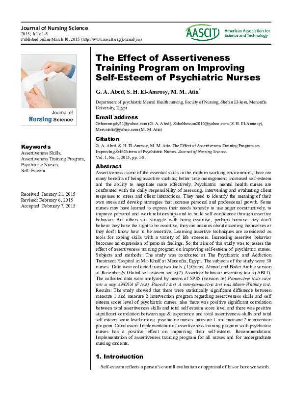 (PDF) The Effect of Assertiveness Training Program on Improving Self-Esteem of Psychiatric Nurses