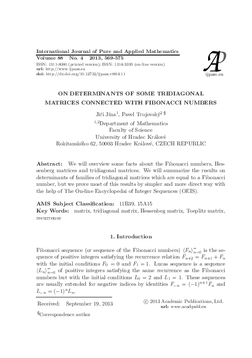 Pdf On Determinants Of Some Tridiagonal Matrices Connected With