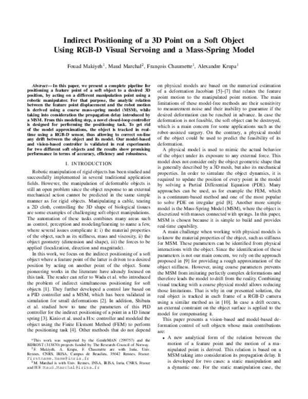 Pdf Indirect Positioning Of A 3d Point On A Soft Object Using Rgb D Visual Servoing And A Mass