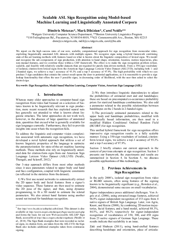(PDF) Scalable ASL Sign Recognition using Model-based Machine Learning and Linguistically ...