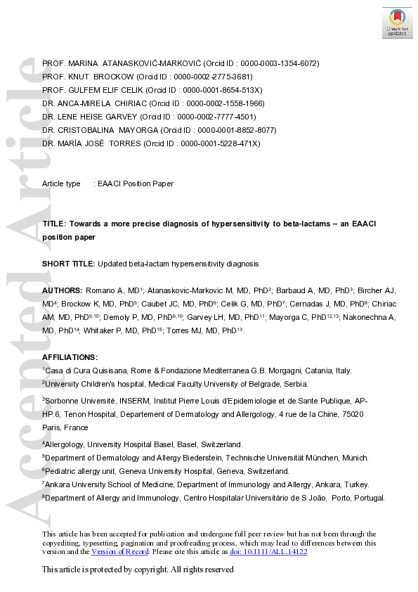 (PDF) Towards a more precise diagnosis of hypersensitivity to beta‐lactams — an EAACI position paper