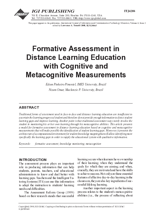 (PDF) Formative Assessment in Distance Learning Education with Cognitive and Metacognitive ...
