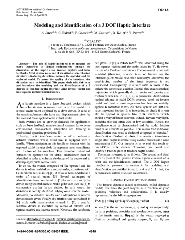 (PDF) Modeling and identification of a 3 DOF haptic interface