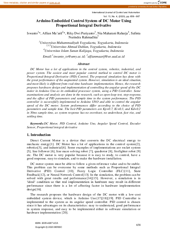 (PDF) Arduino Embedded Control System of DC Motor Using Proportional Integral Derivative