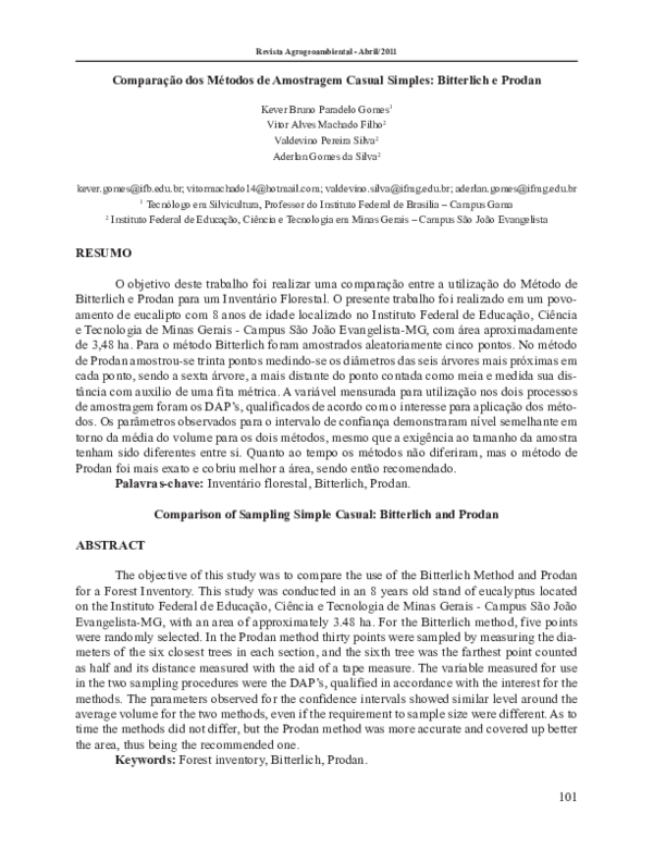 (PDF) Comparação dos Métodos de Amostragem Casual Simples: Bitterlich e ...