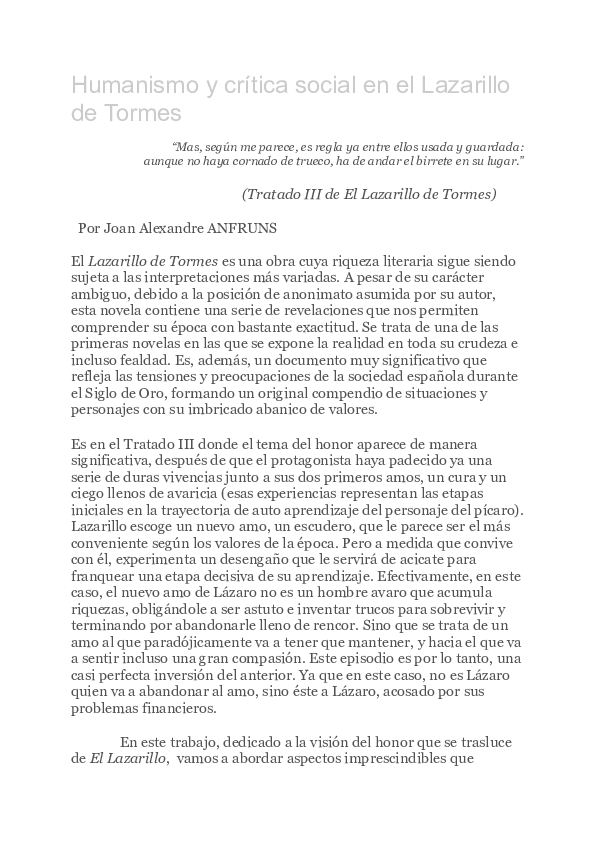 (PDF) Humanismo y crítica social en el Lazarillo de Tormes.